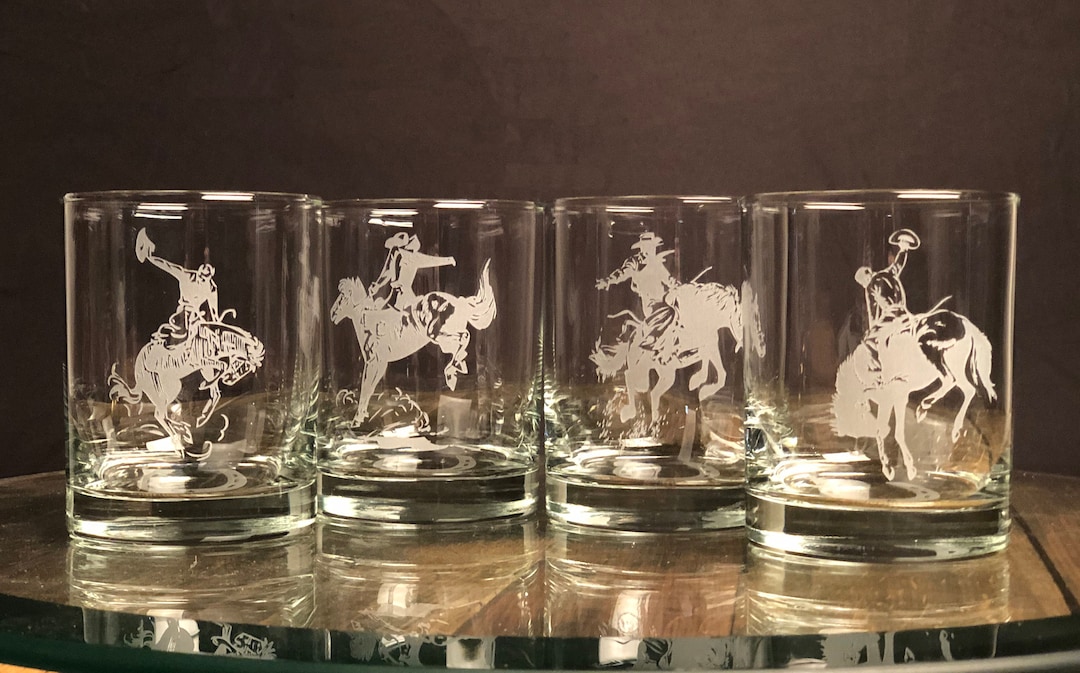 Bronco Buster Whiskey Glasses, Engraved Rodeo Cowboy Design, Set of 4 ...
