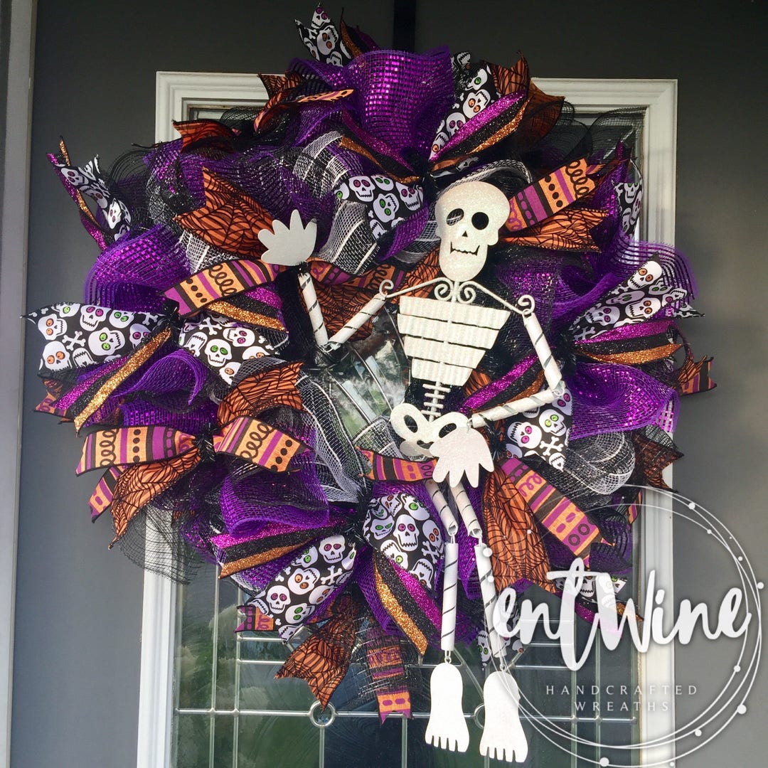 Halloween Skeleton Wreath, Front Door Wreath, Deco Mesh Wreath, Fall ...