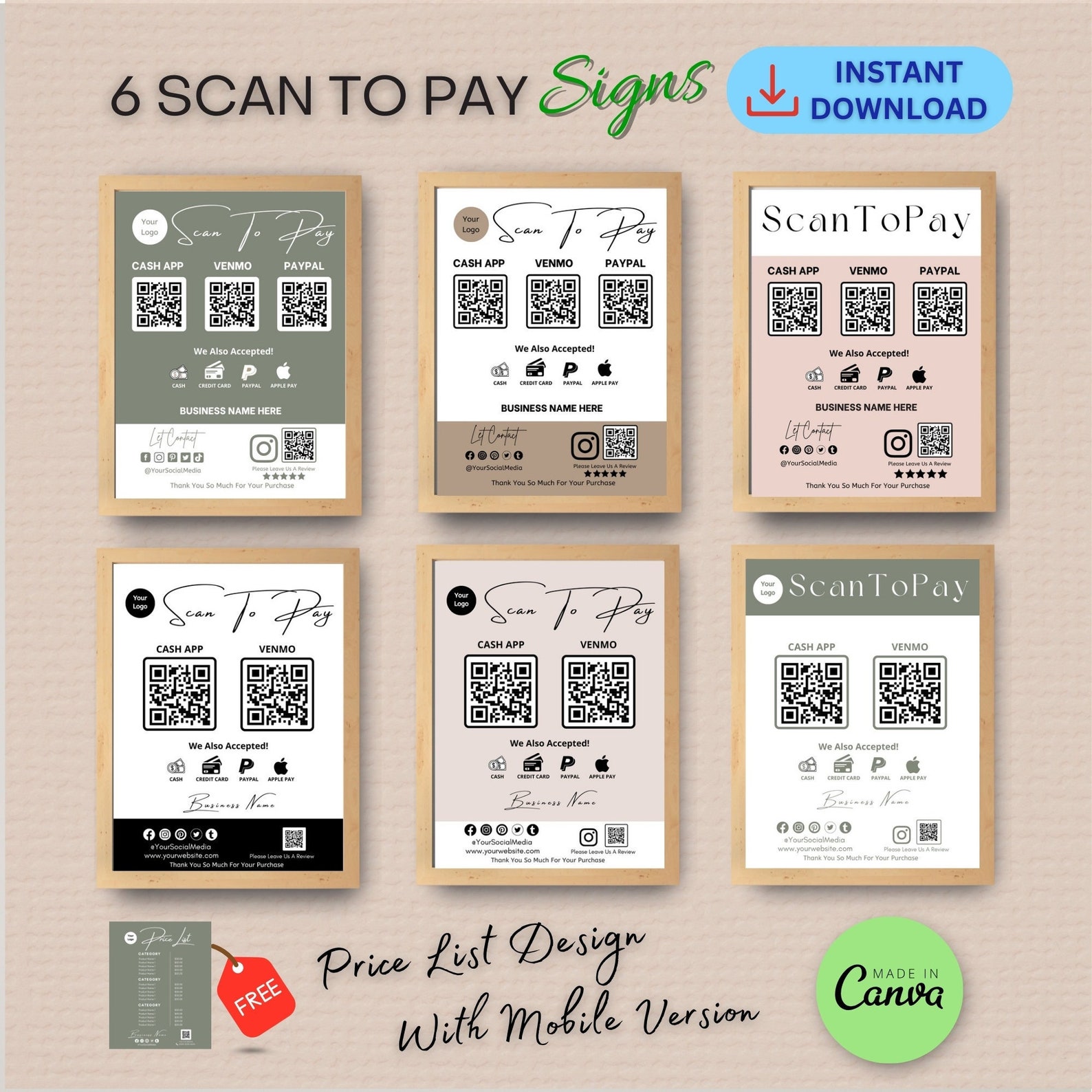 Editable Scan to Pay Sign Template: QR Code Payment (digital Download ...