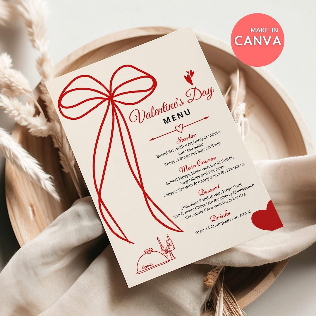 Printable Valentine's Day Menu, Hand Drawn Valentine Day Dinner Menu ...