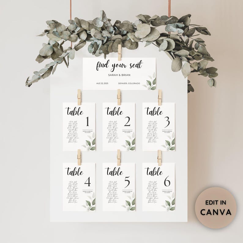 Wedding Seating Chart Template: Printable Table Cards (digital Download ...