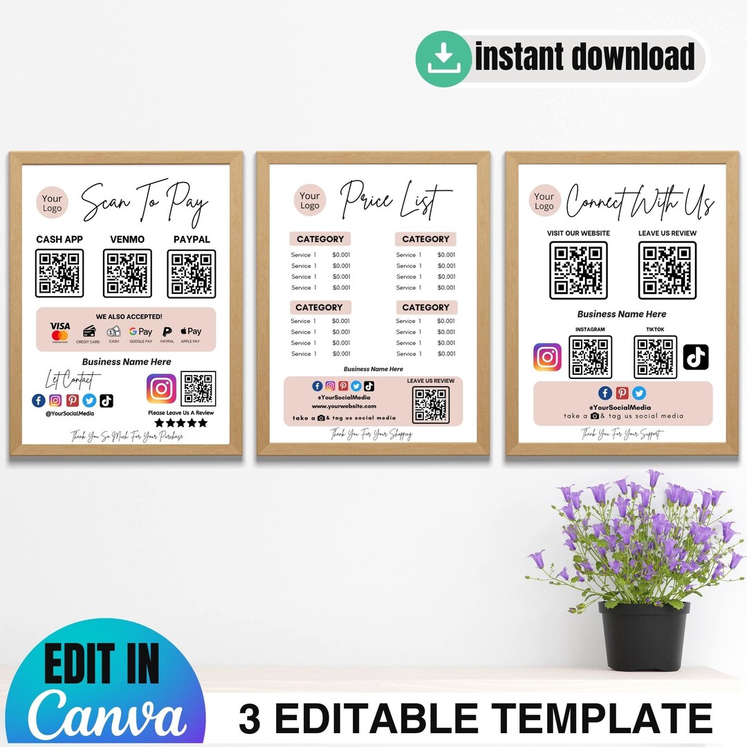 Editable Payment Sign Template Bundle, Printable Scan to Pay, Qr Code ...