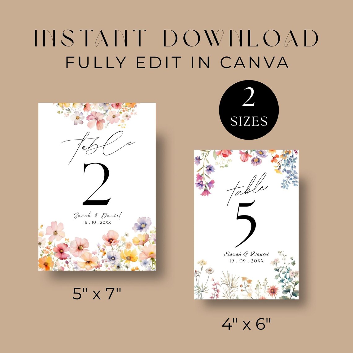 Floral Wedding Table Numbers Template, Wildflower DIY Cards (digital ...