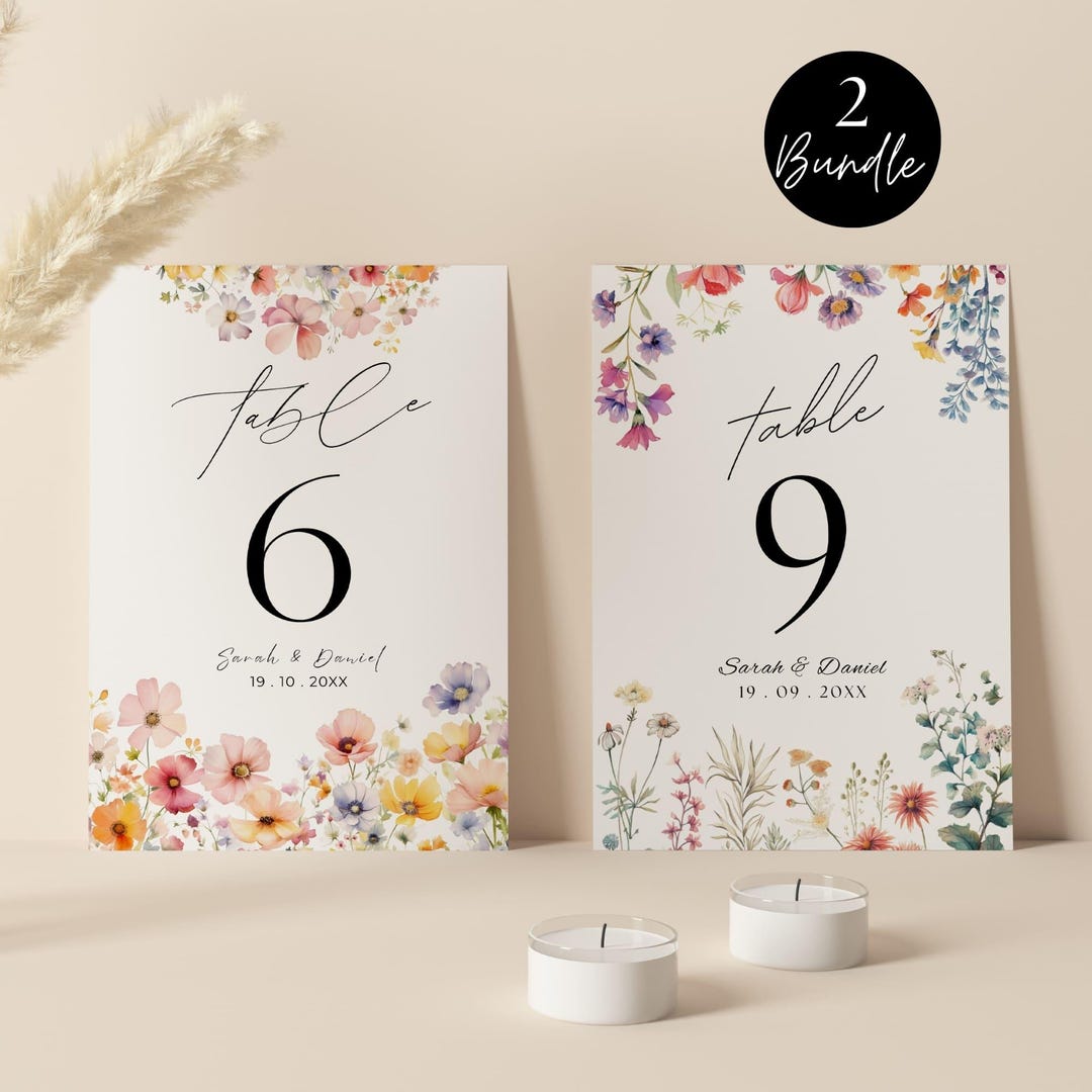 Floral Wedding Table Numbers Template, Wildflower DIY Cards (digital ...