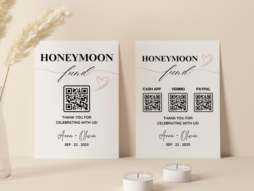 Honeymoon Fund QR Code Sign for Wedding, Honeymoon Fund Template, Venmo ...