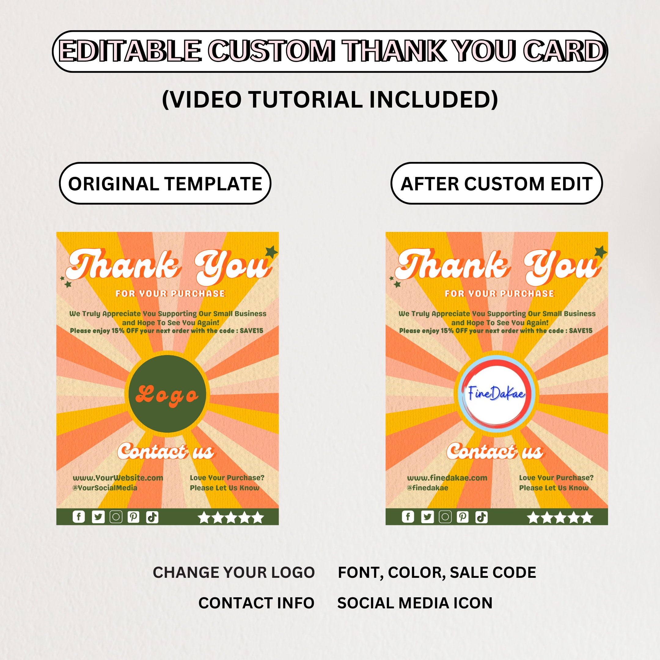 Retro Thank You Card Canva Template Rainbow Digital Thank You - Etsy