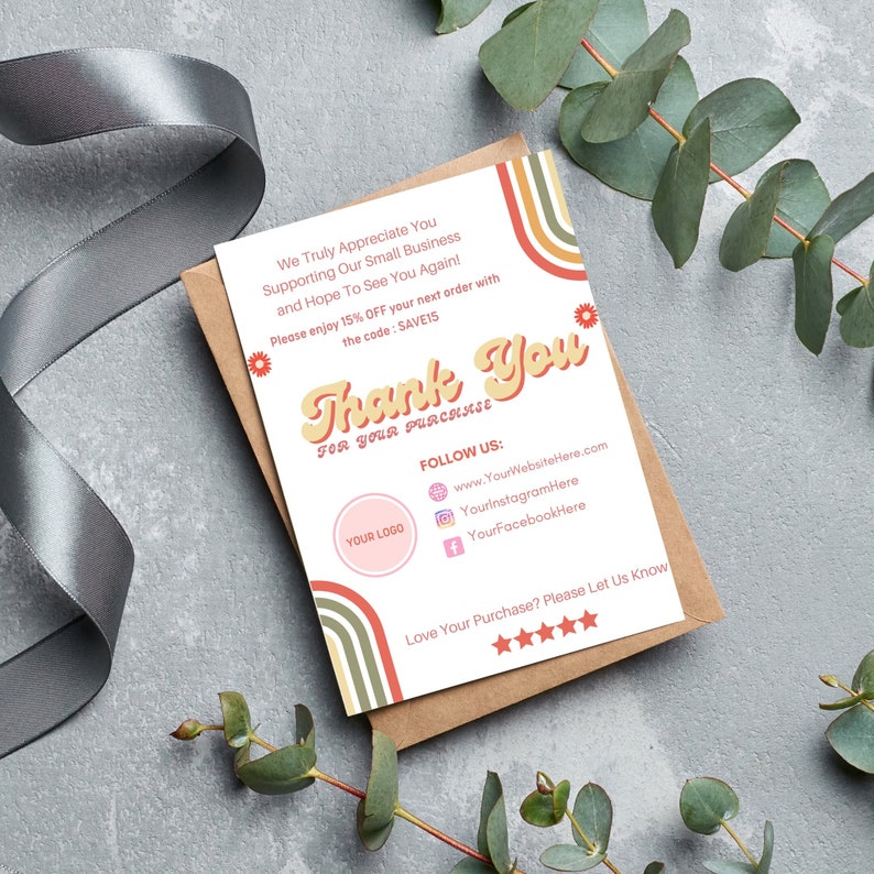 Editable Retro Thank You Card Rainbow Digital Thank You Card - Etsy