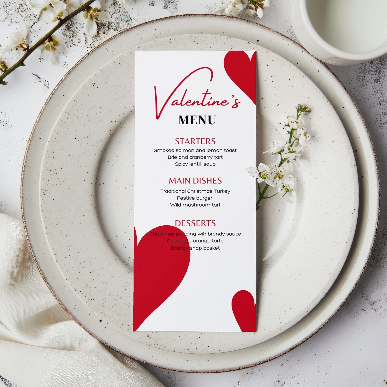 Printable Valentine's Day Menu Template: Red Hearts (4x9'' Digital ...