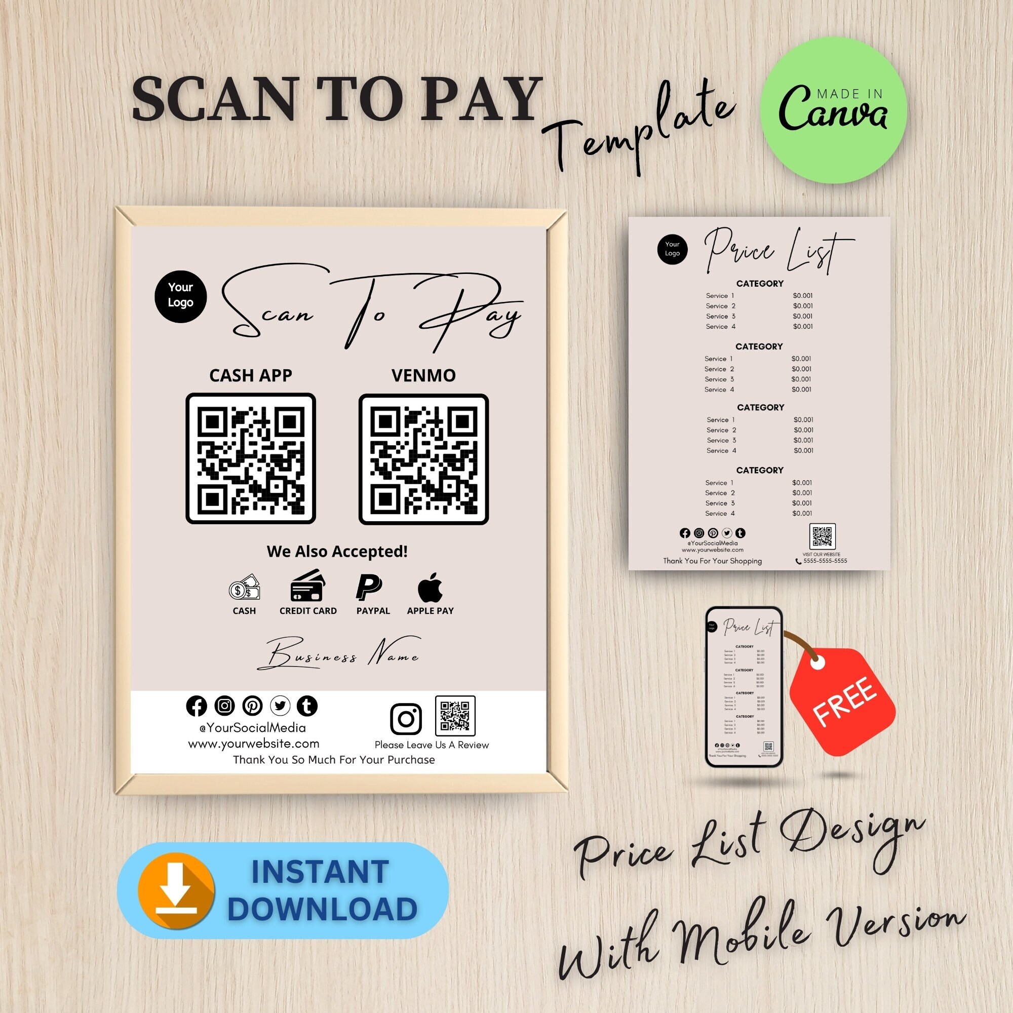 Editable Payment Sign, Printable Scan to Pay Template, Scan Qr Code ...