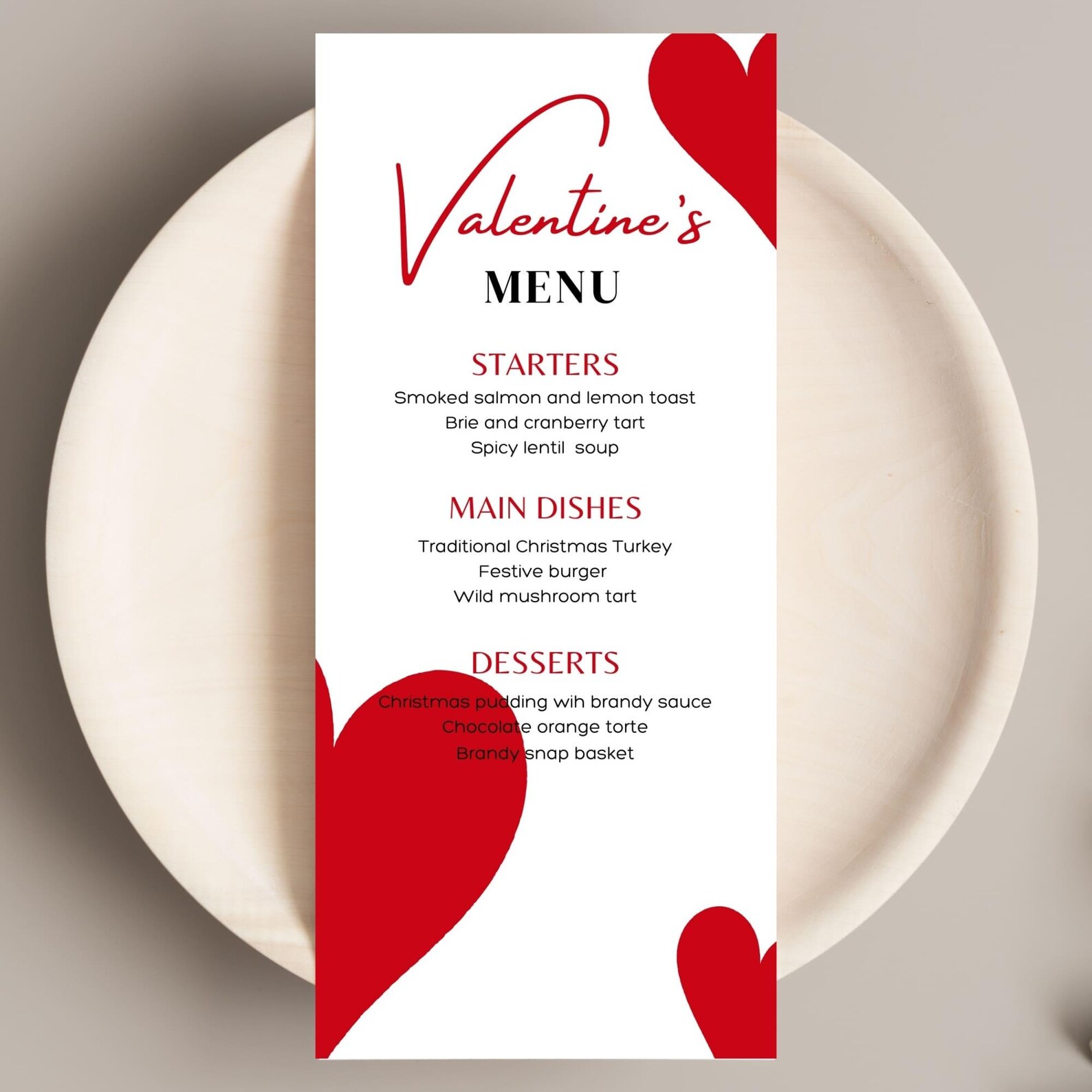 Printable Valentine's Day Menu Template: Red Hearts (4x9'' Digital ...
