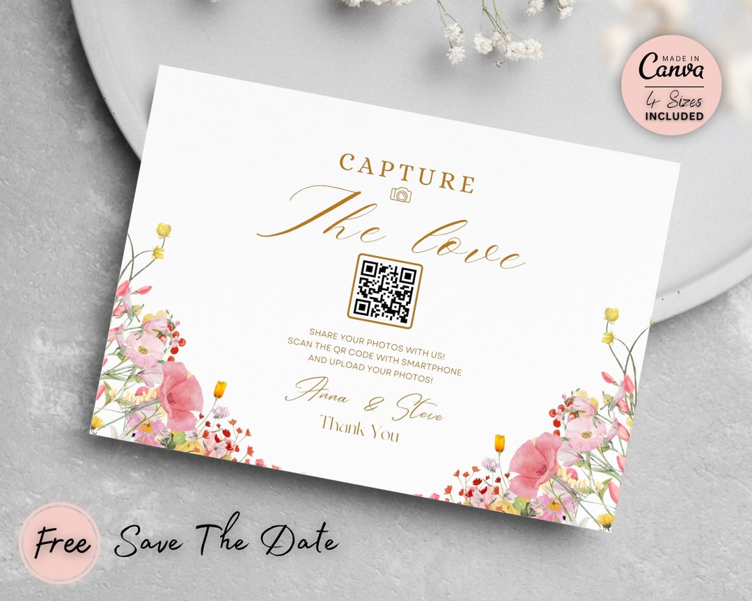QR Code Wedding Sign Template: Floral Photo Card (digital Download ...