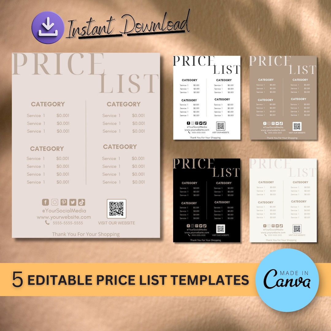 Bundle Price List Template, Editable Price Lists Template Canva, Beauty ...