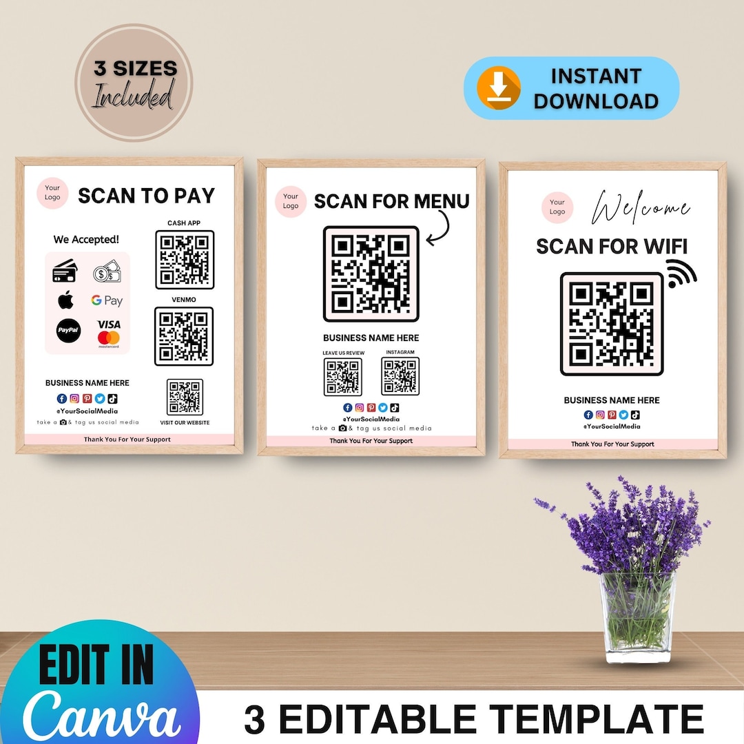 Editable Scan to Pay Bundle, Printable Canva Template, QR Code Sign ...