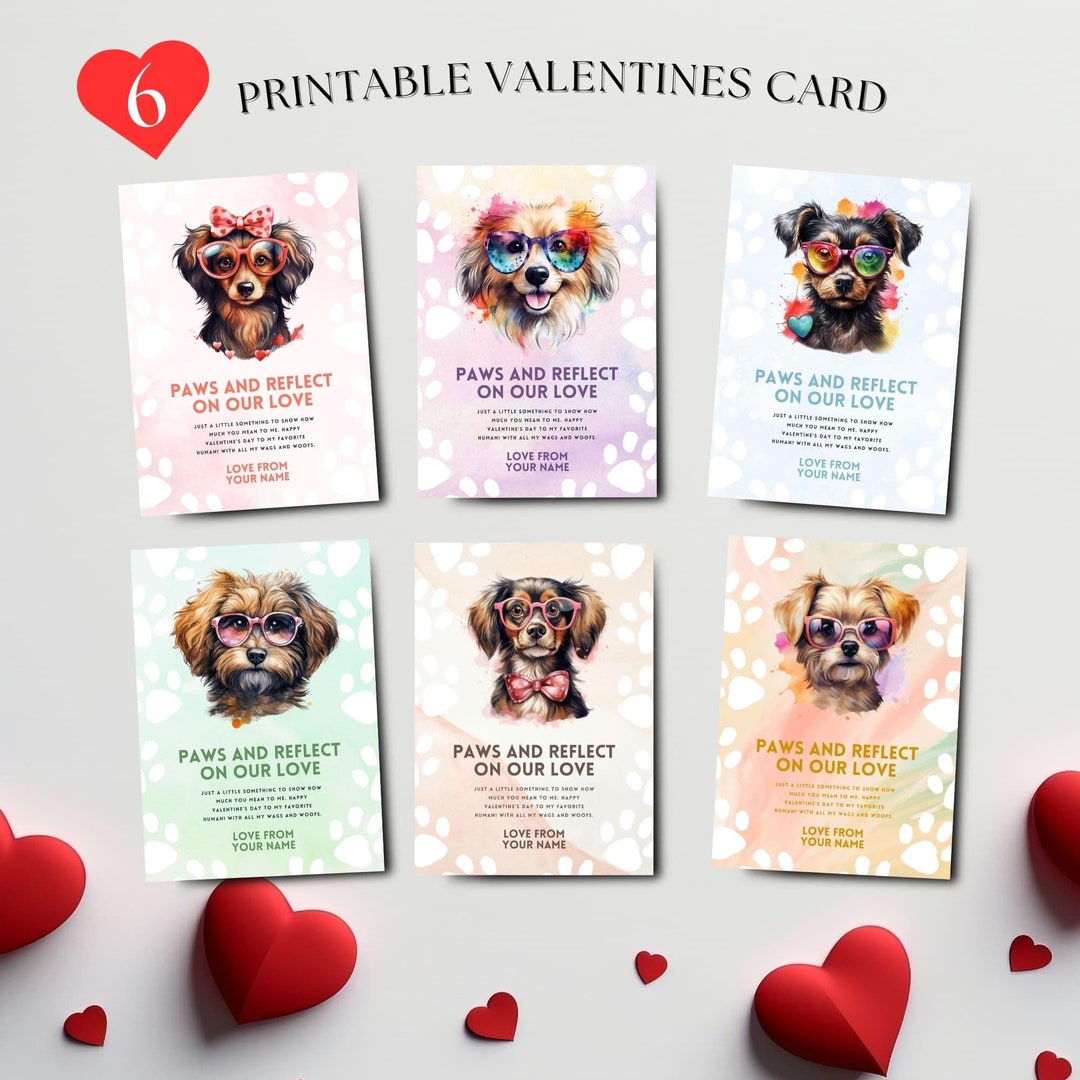 Printable Dog Valentine Cards, Cute Classroom Valentines Day Cards, Dog ...