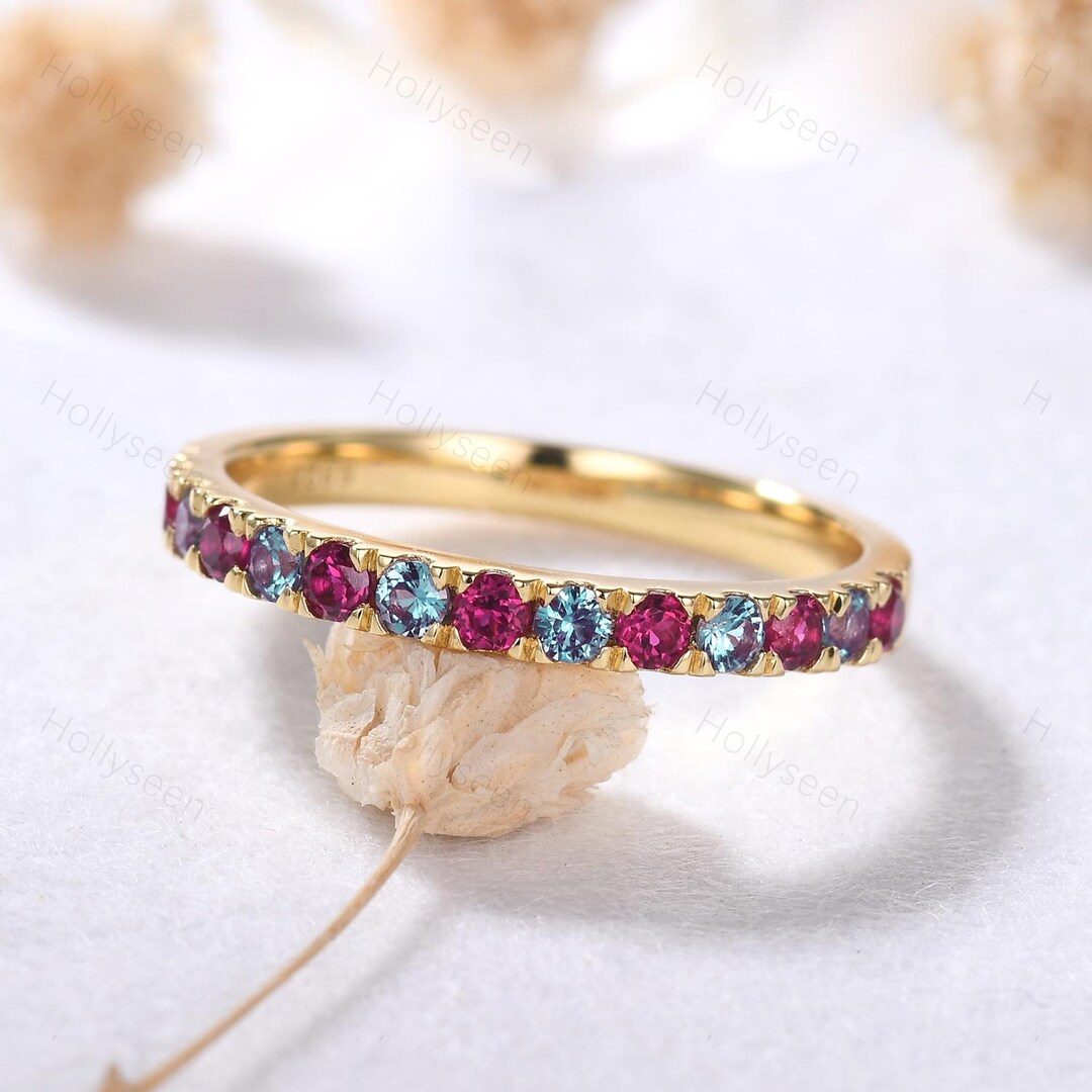 2mm Alexandrite Ruby Yellow Gold Wedding Band Sterling Silver Ring Half ...
