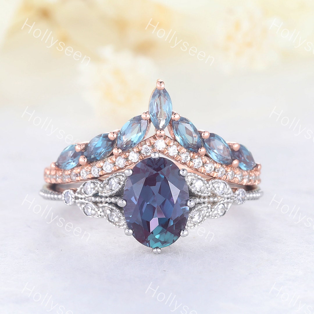 Vintage Alexandrite Engagement Ring Set Art Deco Alexandrite Wedding ...