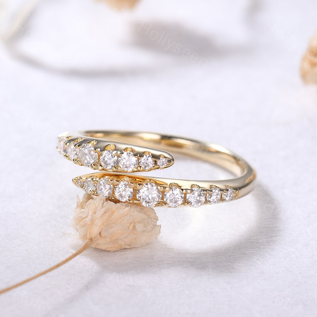 Moissanite Yellow Gold Wrap Wedding Ring Sterling Silver Bypass Stacking Ring Engagement Bridal ...