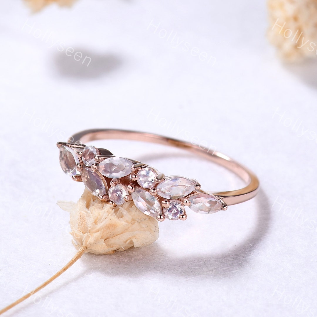Vintage Moonstone Cluster Ring Solid 14k Rose Gold Marquise Gemstone ...