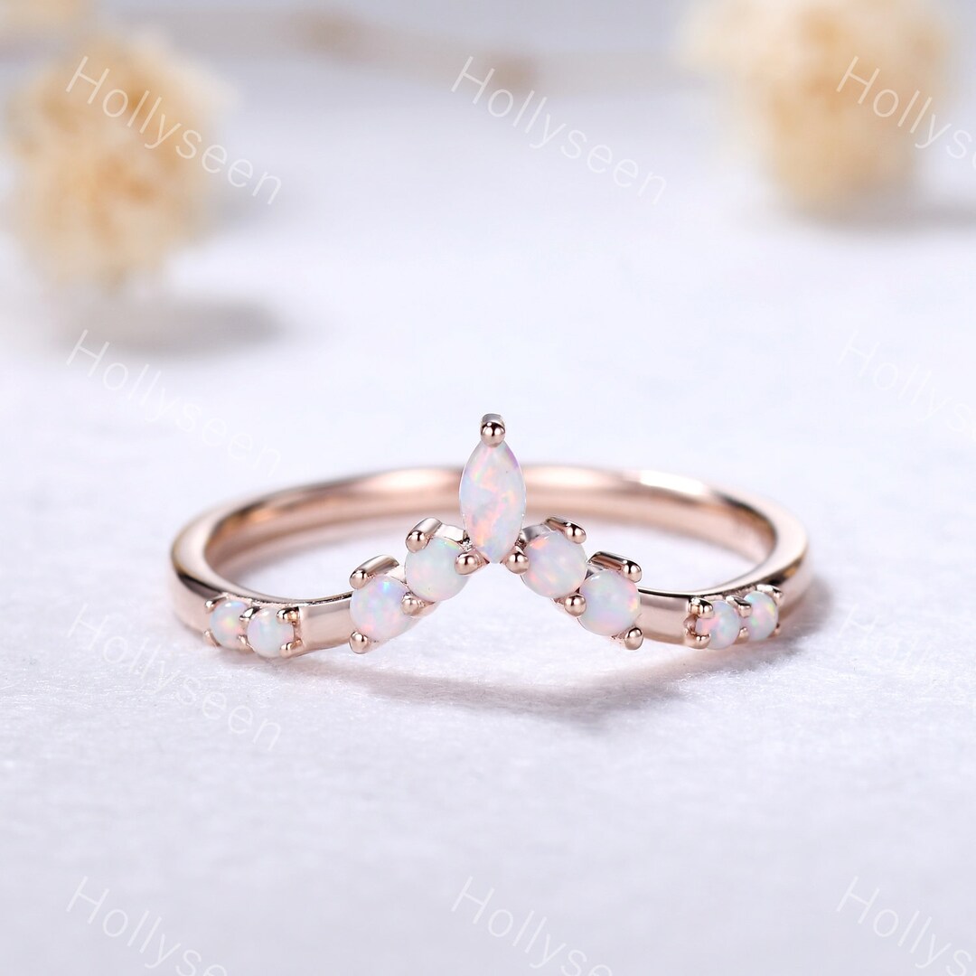Opal Curved Wedding Ring Band 14k Rose Gold Vintage Opal Chevron ...