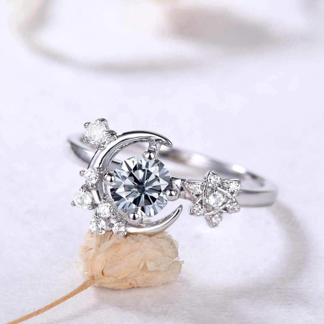 Vintage Grey Moissanite Crescent Moon Engagement Ring 14k White Gold ...