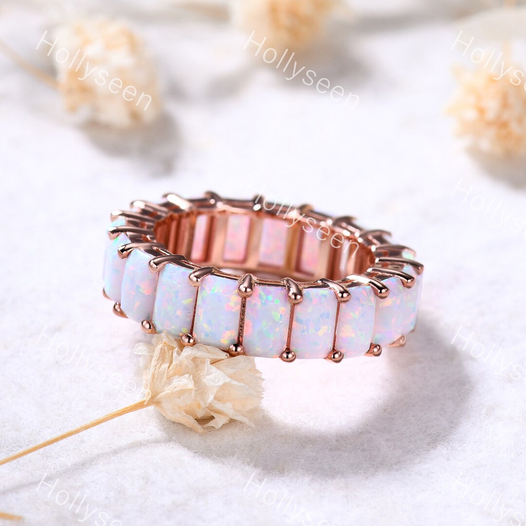 Unique Baguette Opal Wedding Band Rose Gold Fire Opal Engagement Ring ...