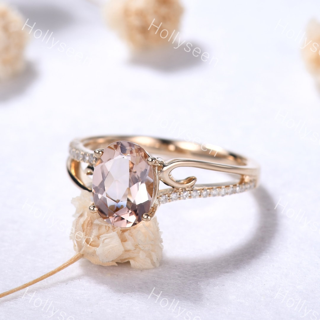 Art Deco Oval Morganite Engagement Ring Unique Split Shank Solitaire Pink Morganite Ring Dainty ...