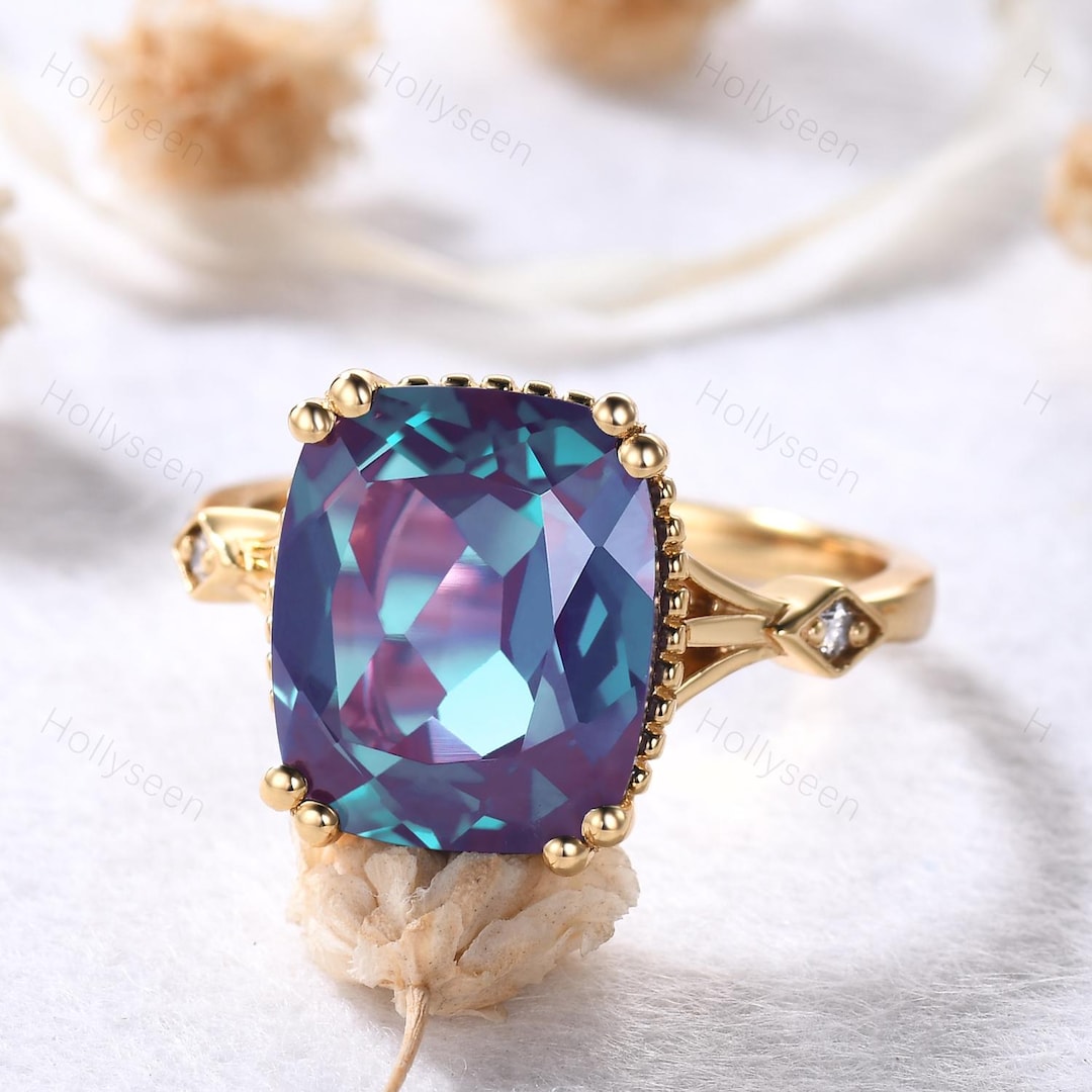 Cushion Cut Alexandrite Engagement Ring Yellow Gold Big Alexandrite ...