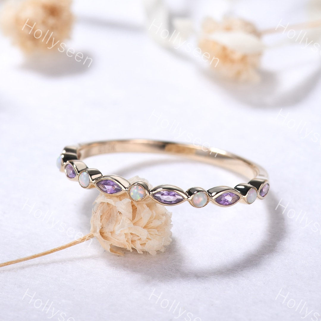 Opal Amethyst Engagement Ring Band Dainty Marquise Purple Stone Eternity Ring Bezel Stacking ...