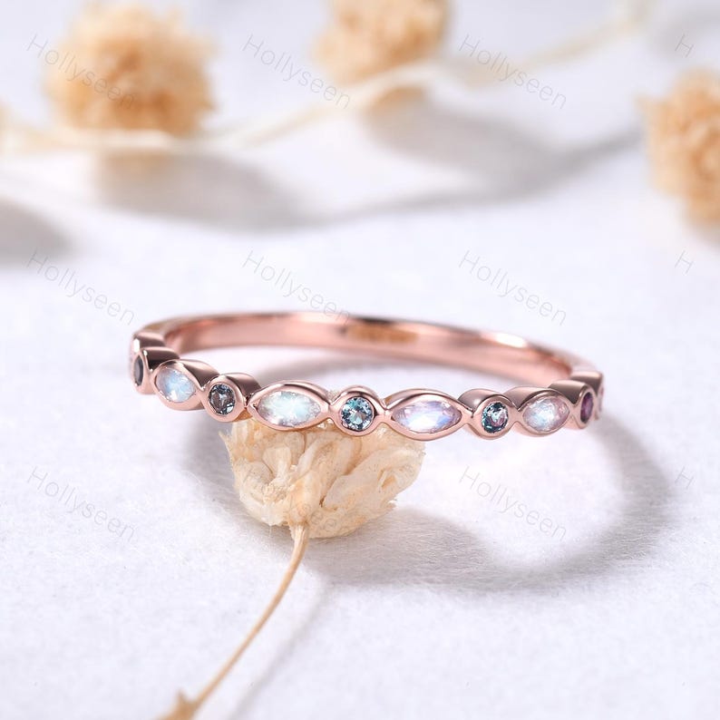 Vintage Moonstone Alexandrite Wedding Band 14k Rose Gold Dainty June ...