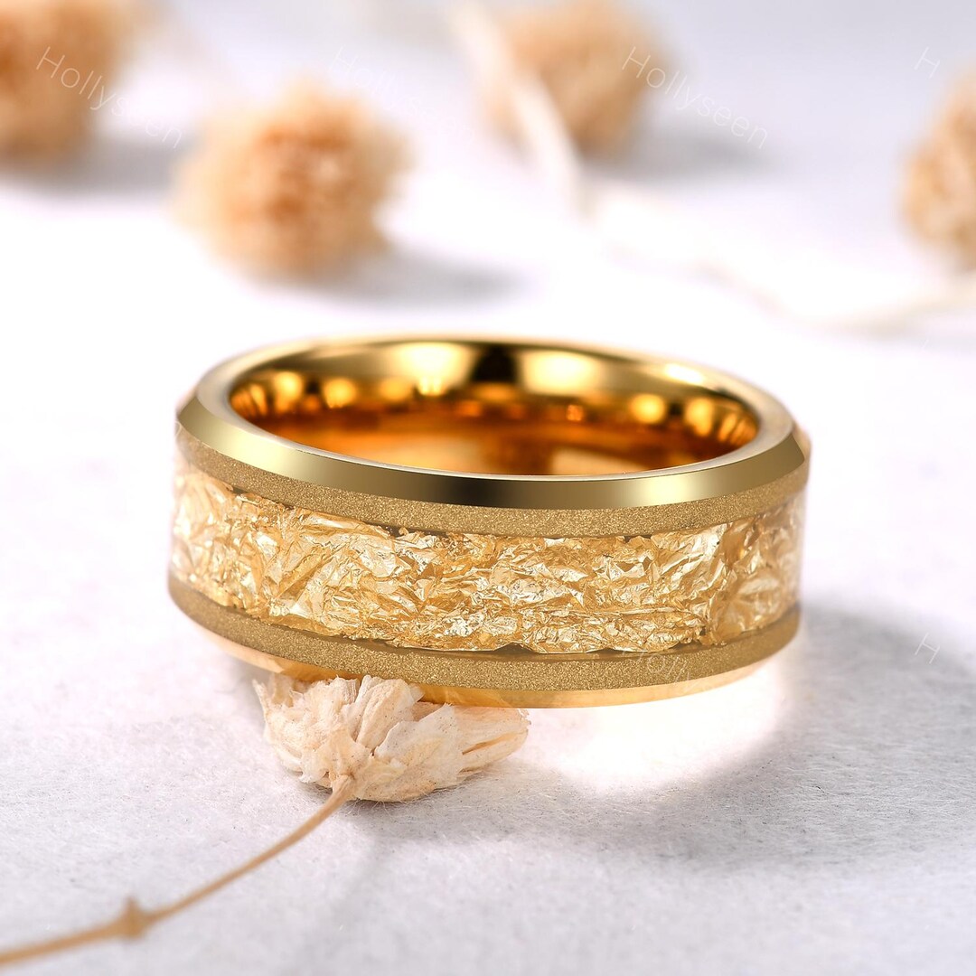 Vintage Yellow Gold Tungsten Men’s Ring Unique Golden Meteorite Ring ...