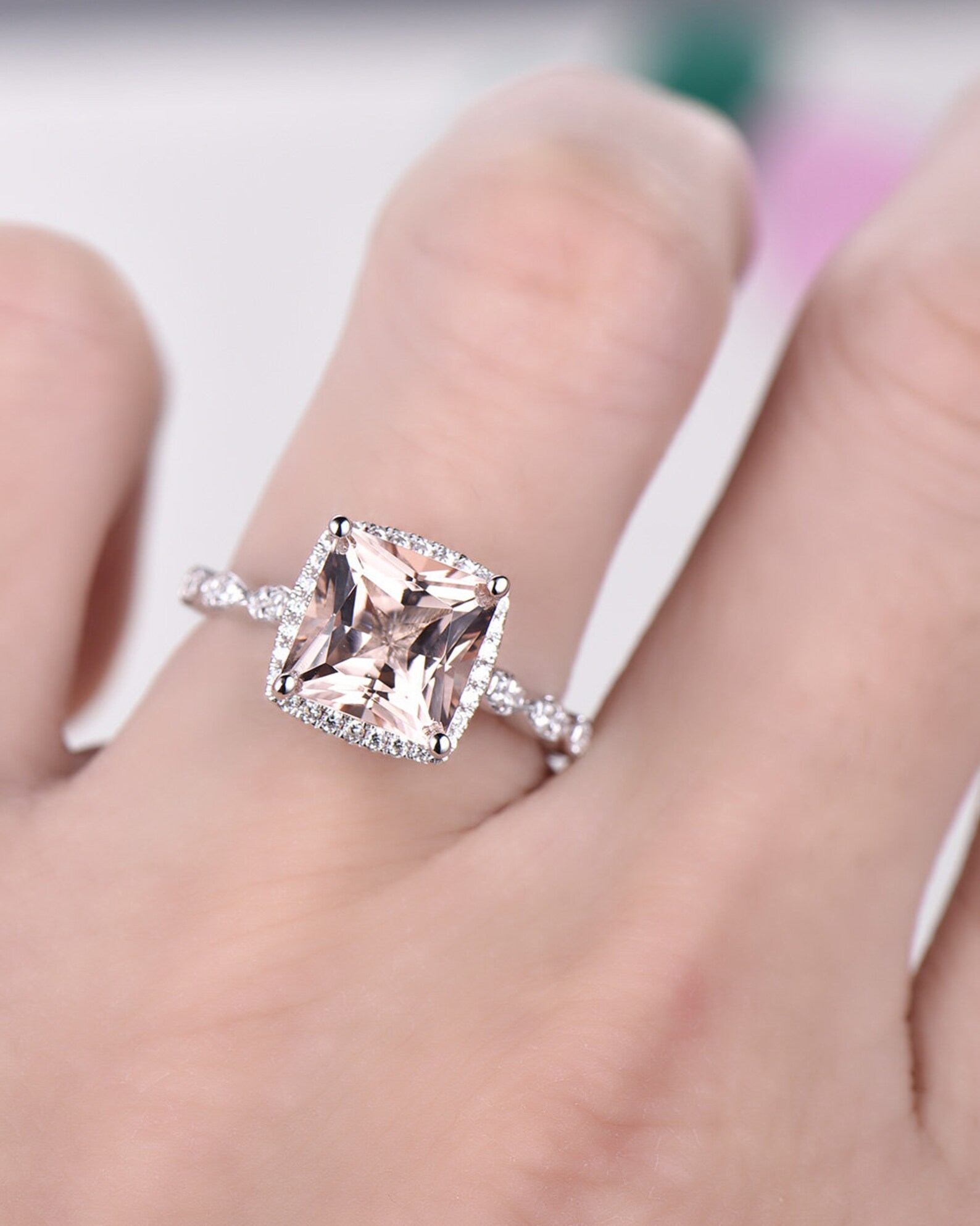 Princess Cut Morganite Engagement Ring Pink Morganite Wedding | Etsy