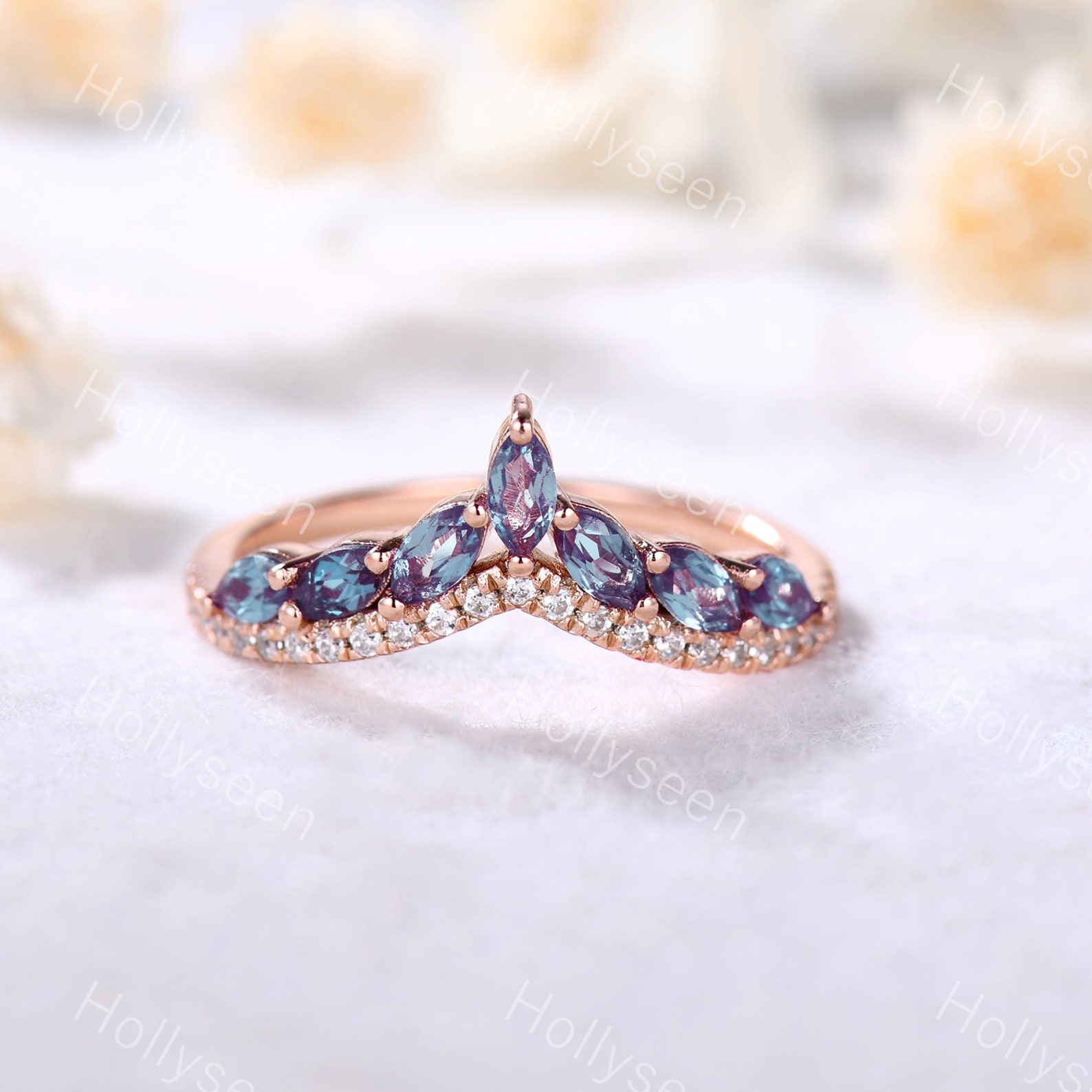 Marquise Alexandrite Wedding Band Rose Gold Moissanite Wedding Band ...