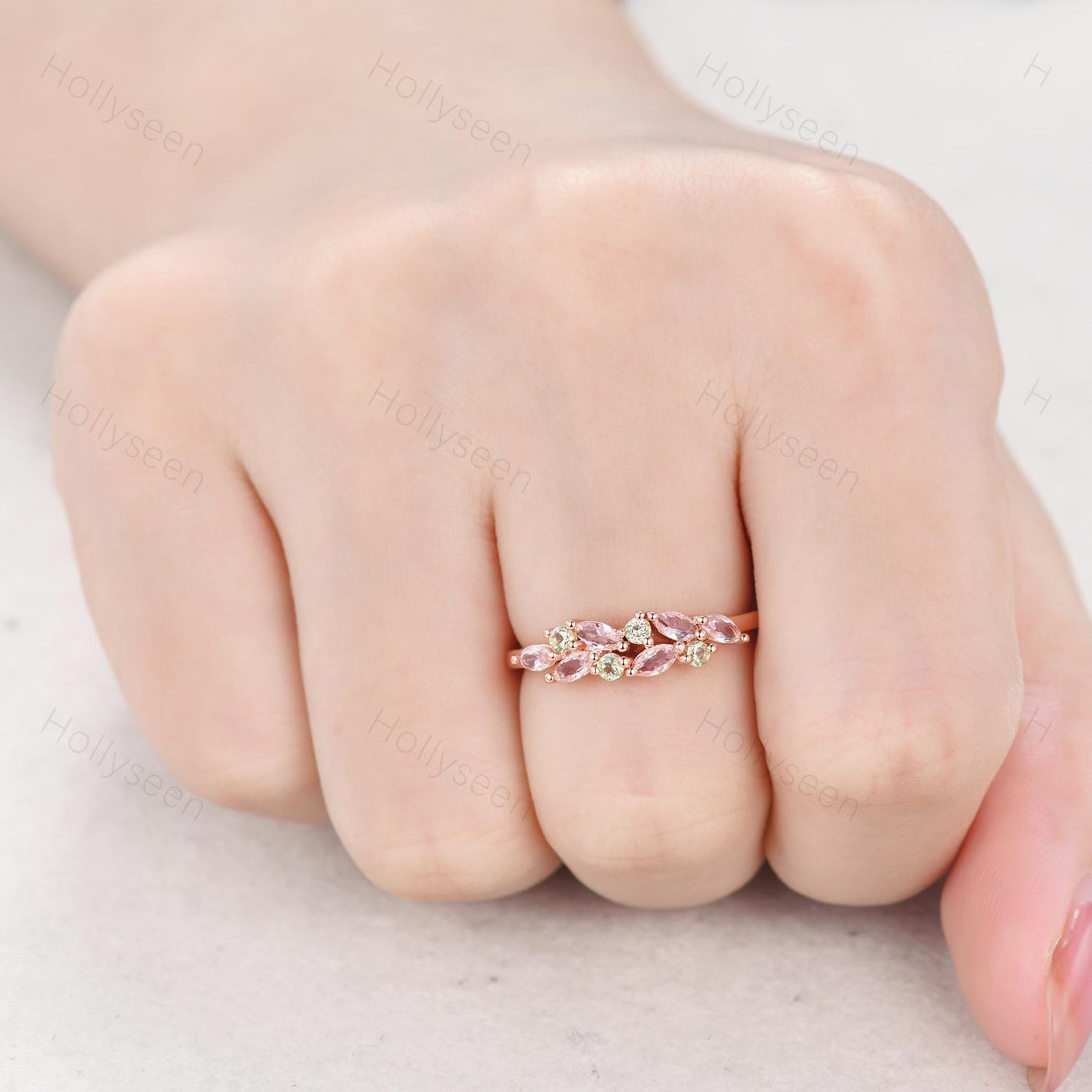 Marquise Morganite Peridot Rose Gold Ring Vintage Pink Green Gemstone ...