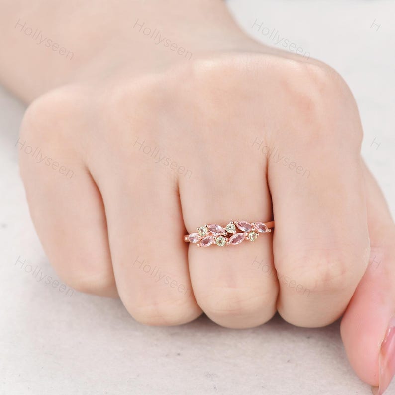 Marquise Morganite Peridot Rose Gold Ring Vintage Pink Green Gemstone ...