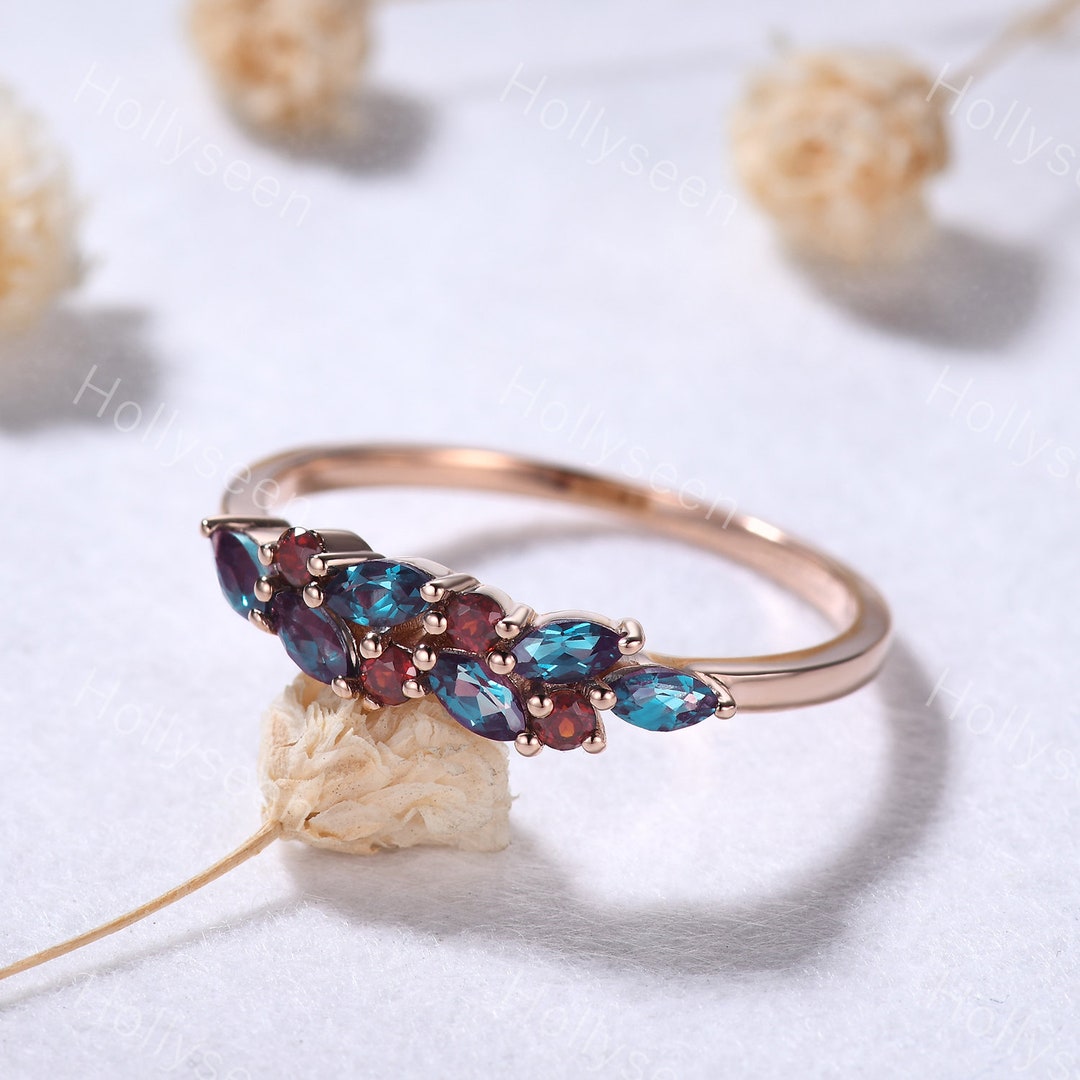 Vintage Alexandrite Garnet Engagement Ring Rose Gold Wedding Bridal Cluster Ring Dainty ...