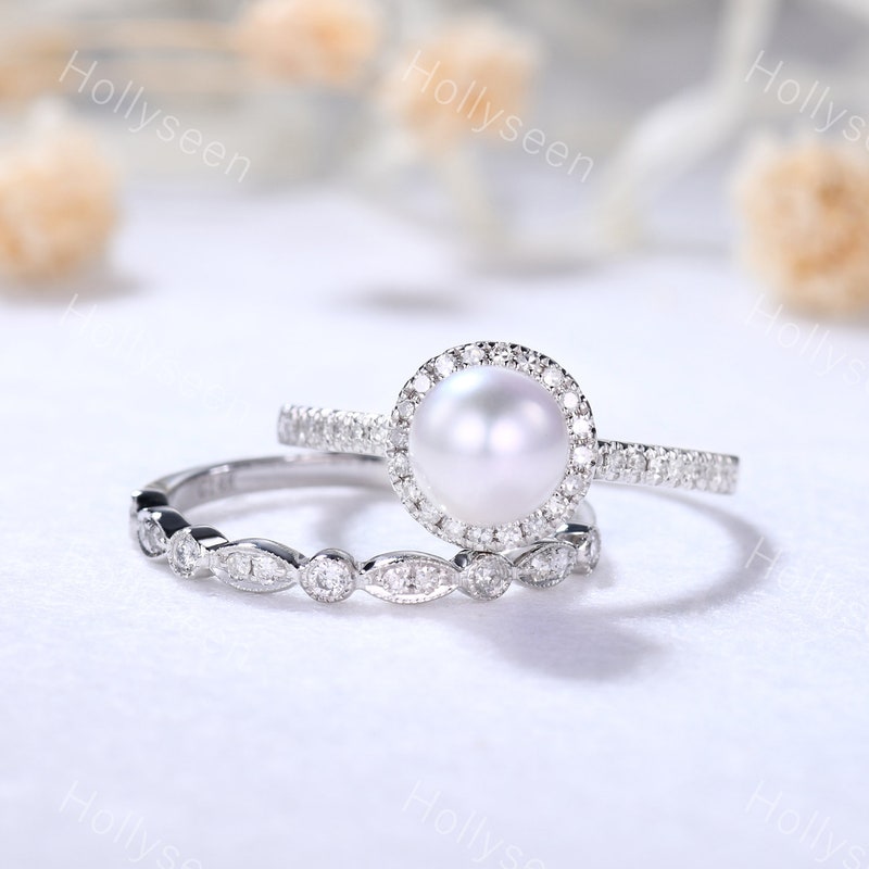 Pearl Engagement Ring Set - Etsy