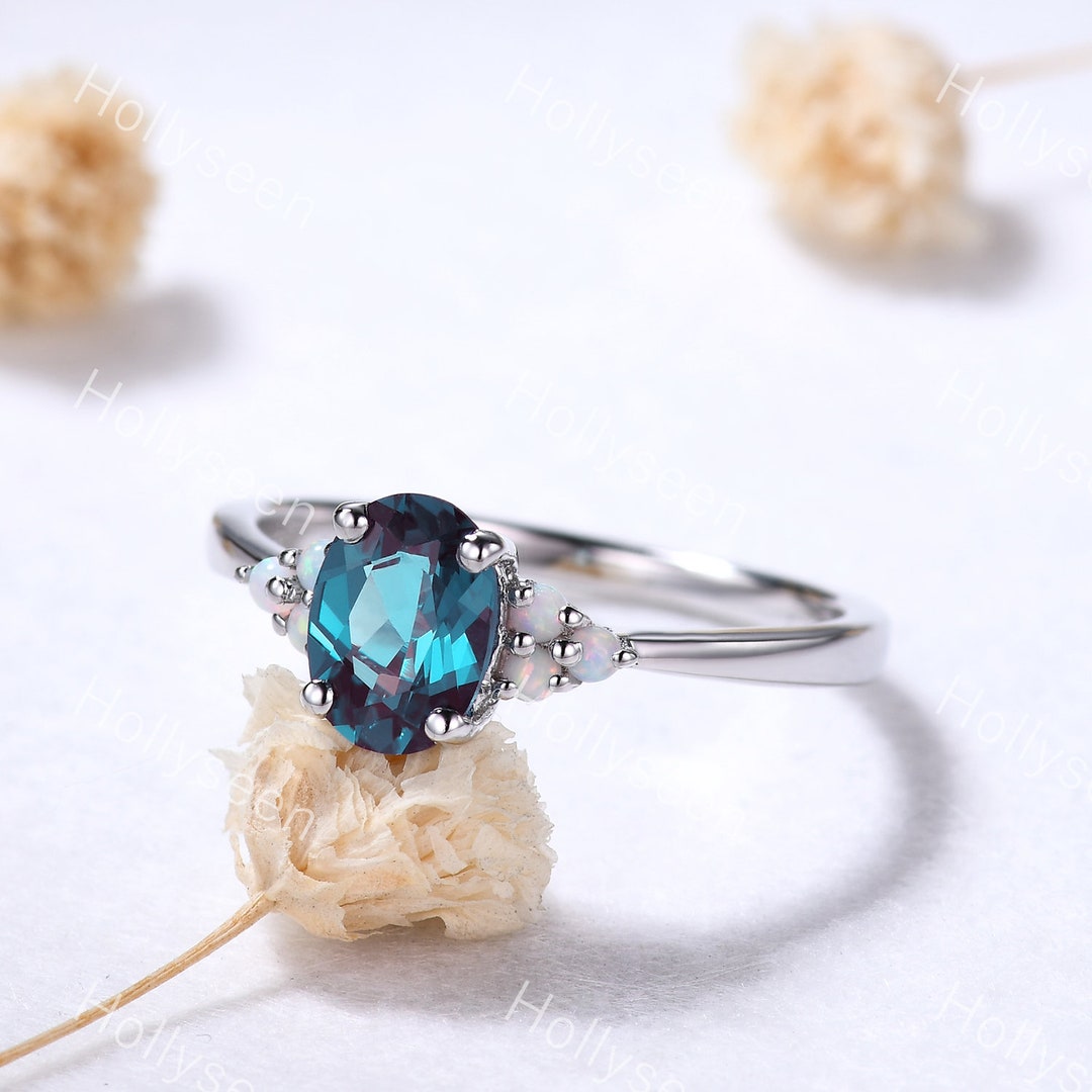 Oval Cut Alexandrite Opal Engagement Ring Sterling Silver Minimalist ...