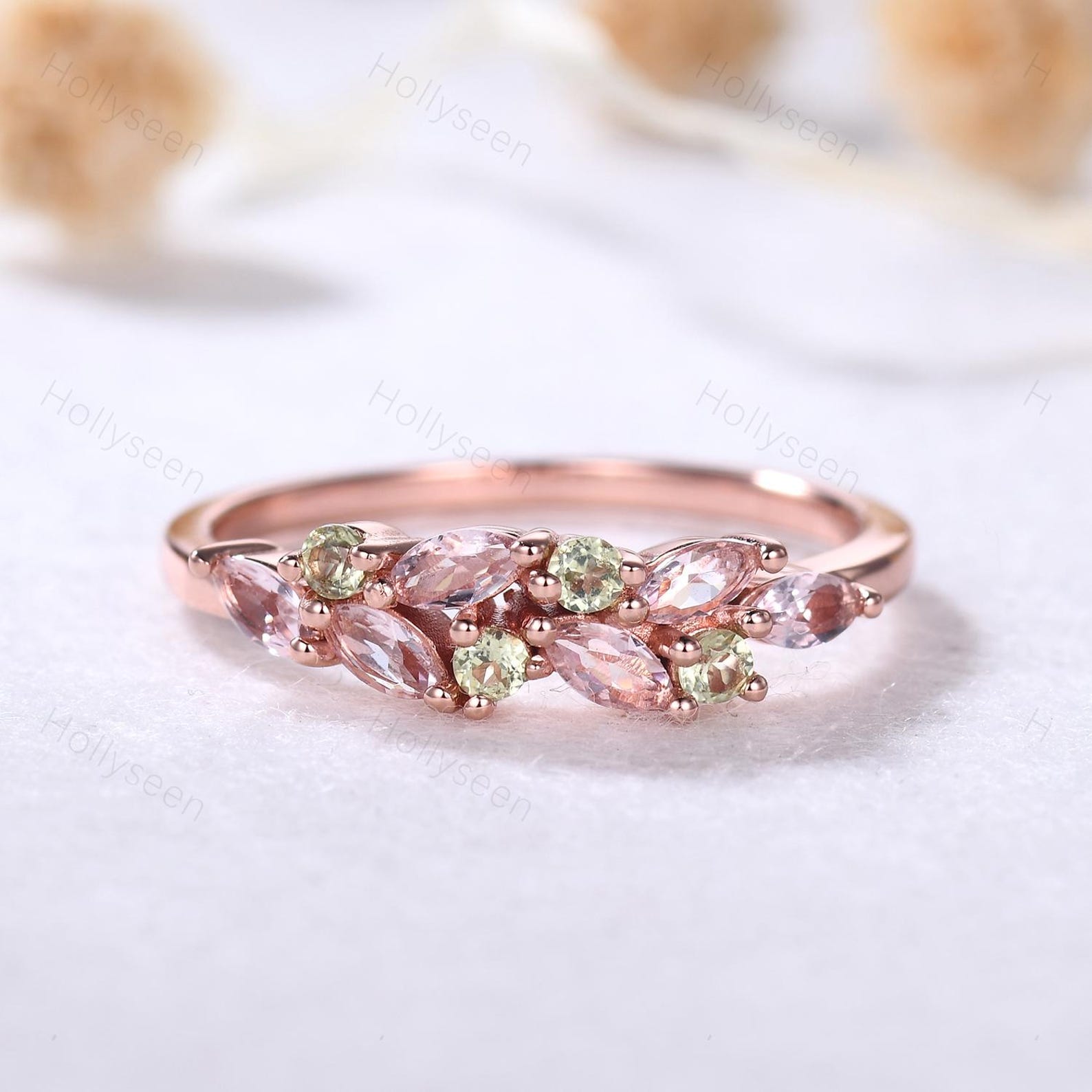 Marquise Morganite Peridot Rose Gold Ring Vintage Pink Green Gemstone ...