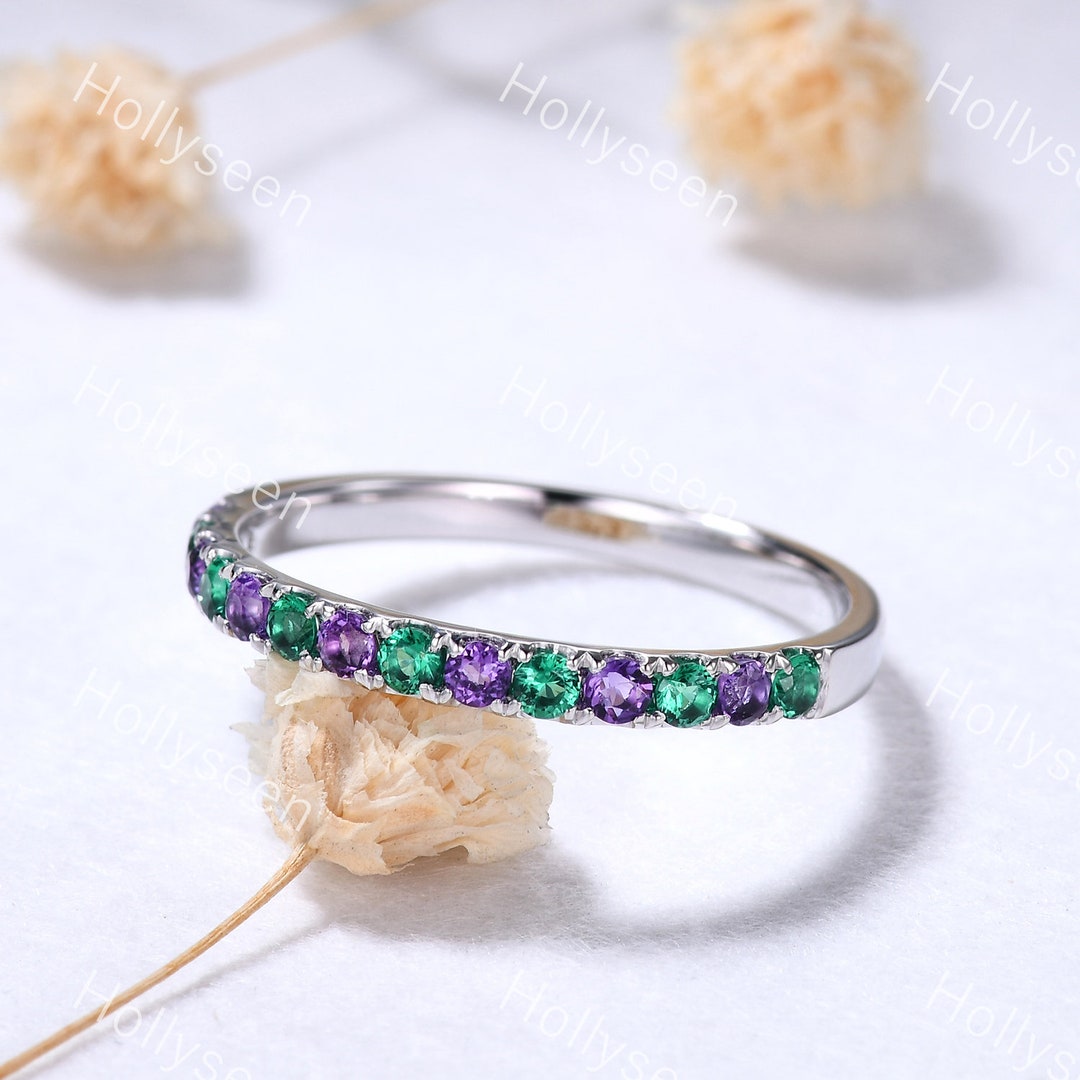 2mm Emerald Amethyst Engagement Ring Band 14k White Gold Half Eternity Stackable Ring Green ...