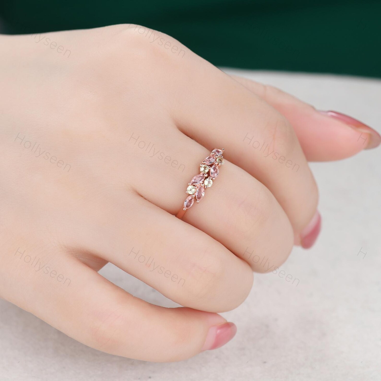 Marquise Morganite Peridot Rose Gold Ring Vintage Pink Green Gemstone ...