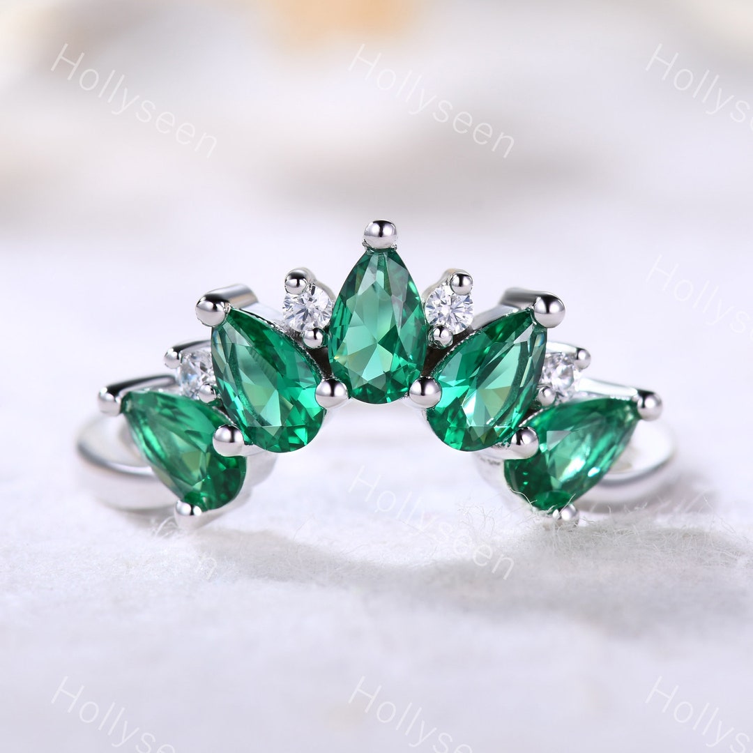 Pear Shaped Emerald Wedding Ring Vintage White Gold Moissanite ...