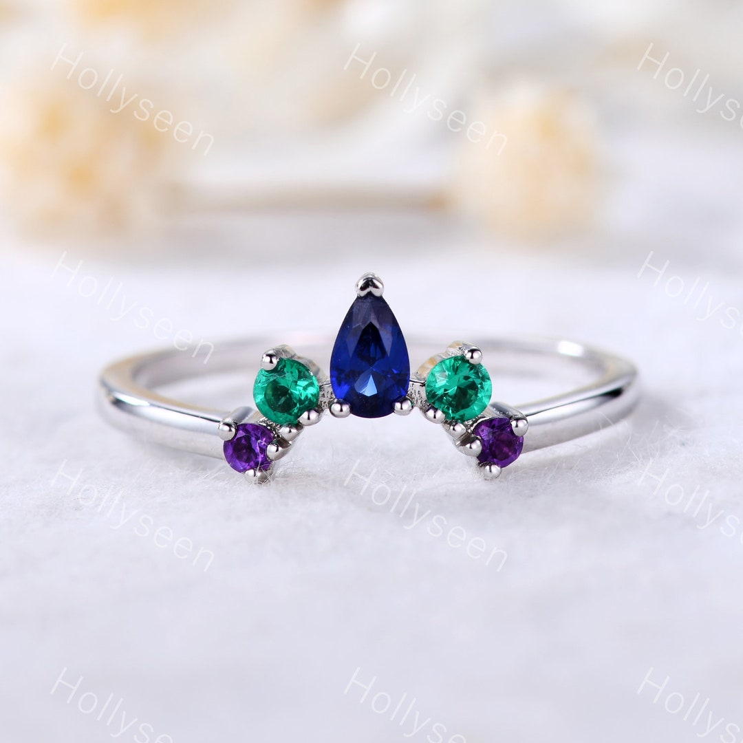 Amethyst Emerald Sapphire Wedding Band Silver 14k White Gold U Shaped ...