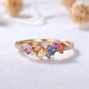 Dainty Rainbow Sapphire Engagement Ring 14k Yellow Gold Multicolor ...