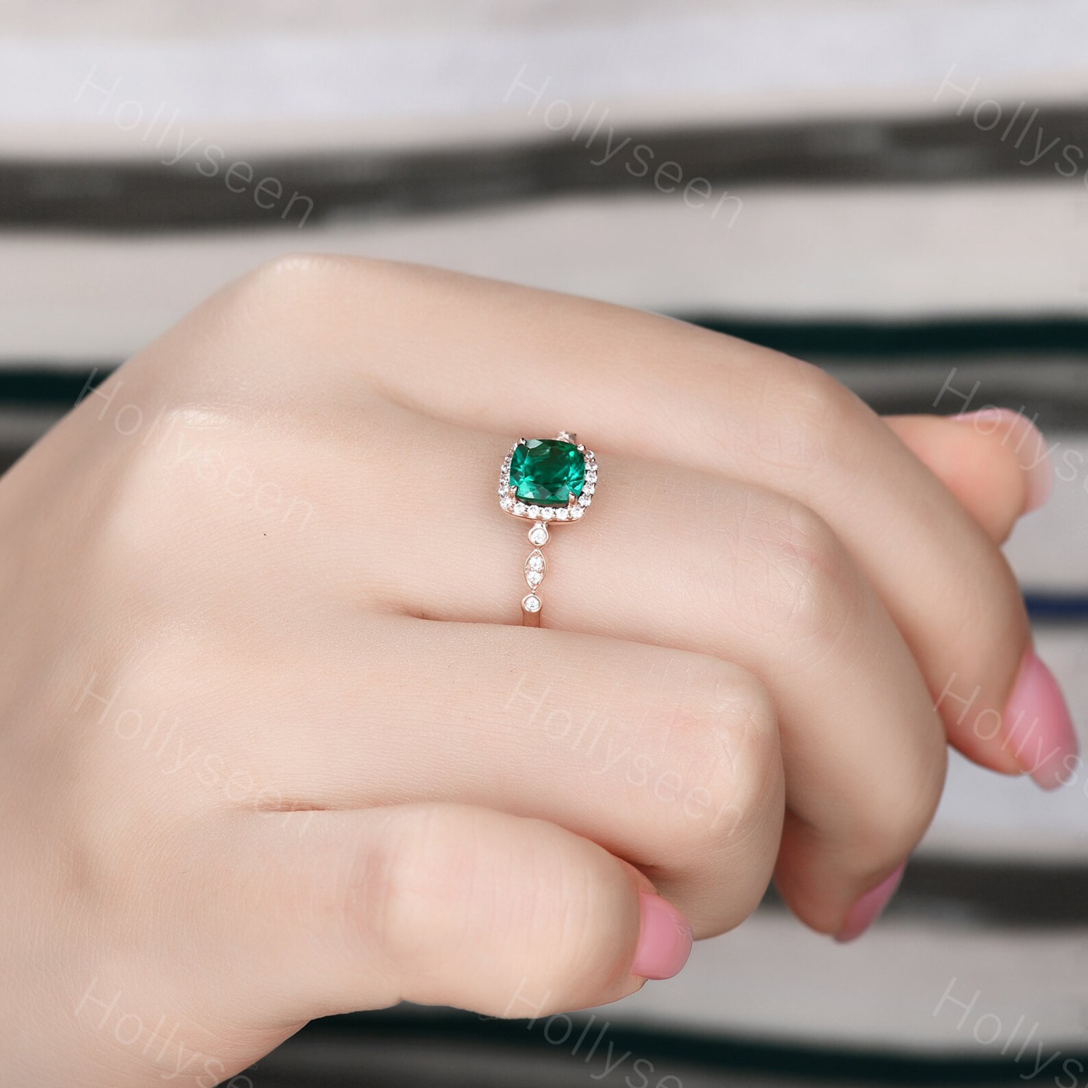 Cushion Cut Emerald Engagement Ring Rose Gold Emerald Wedding - Etsy
