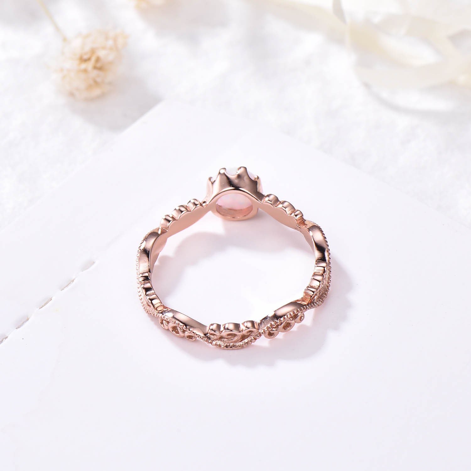 Rose Gold White Fire Opal Ring Engagement Ring Vintage Filigree Wedding ...