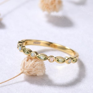 Opal Peridot Yellow Gold Wedding Band Ring Solid Gold Half Eternity ...