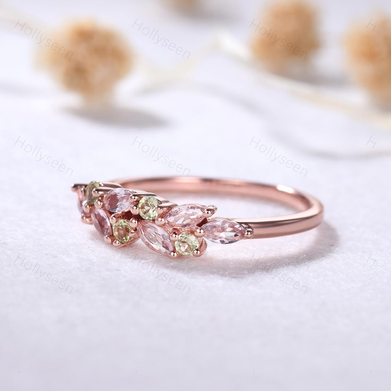 Marquise Morganite Peridot Rose Gold Ring Vintage Pink Green Gemstone ...
