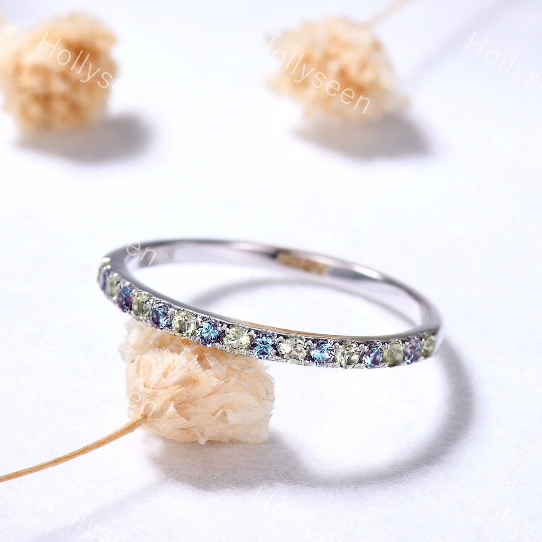 Alexandrite Peridot White Gold Wedding Ring Band Silver Half Eternity Stacking Ring Women ...