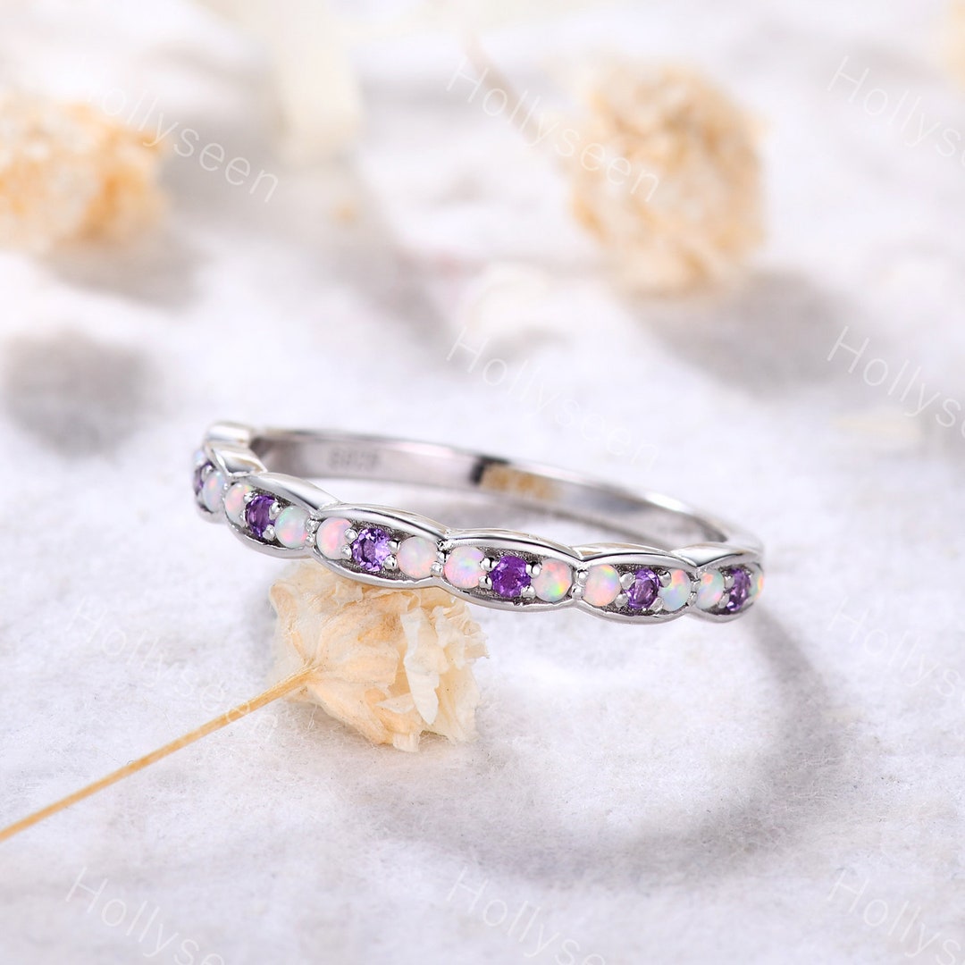 Opal Amethyst Wedding Band Sterling Silver White Gold Stacking Ring ...