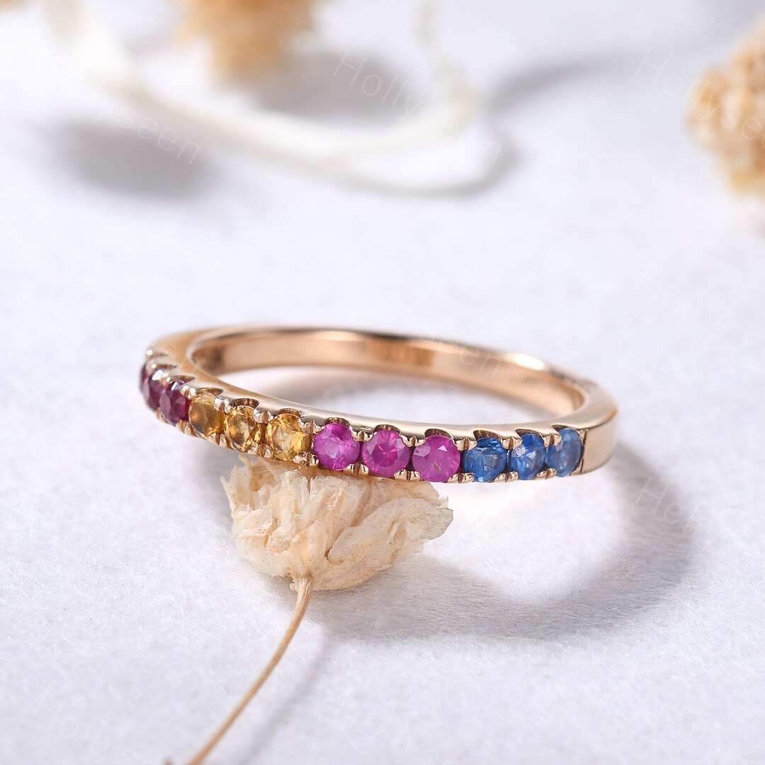 2mm Rainbow Sapphire Wedding Band 14k Yellow Gold Multicolor Birthstone ...